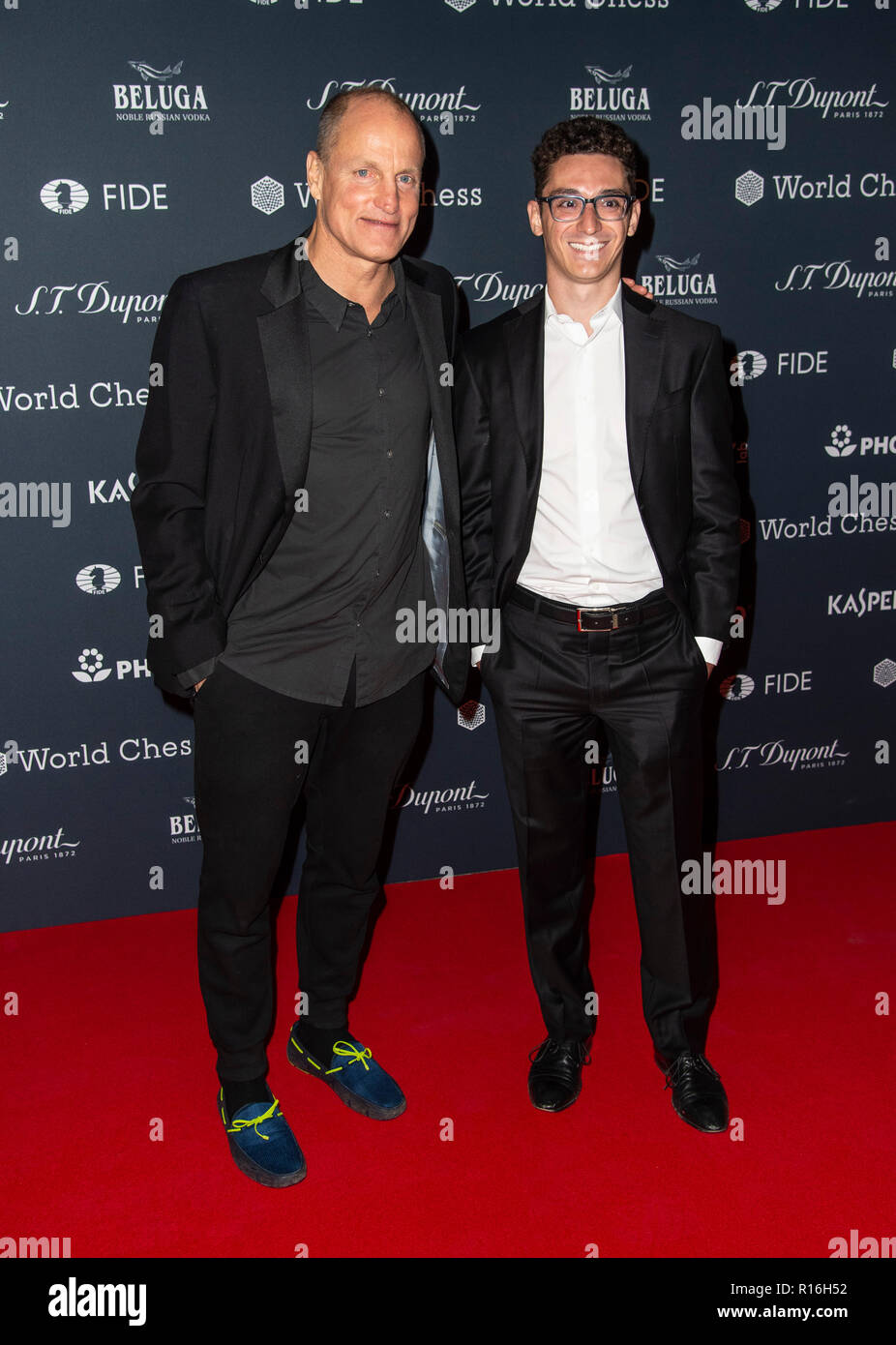 London, UK. Woody Harrelson and Fabiano Caruana attend the FIDE World ...