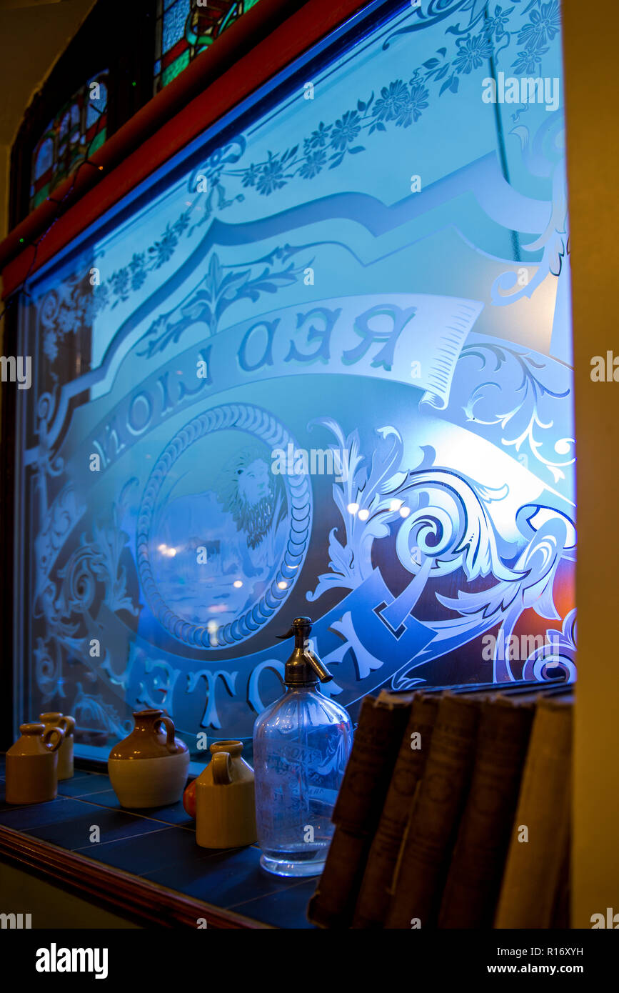 Etched Glass window at the Red Lion pub at Crich Tramway Village ...
