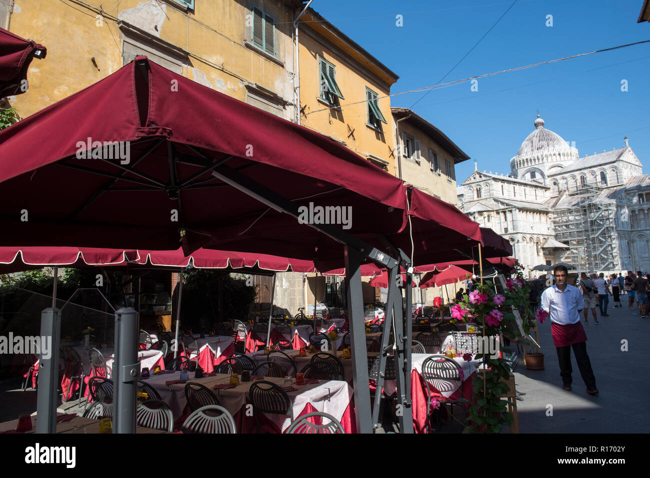 Restaurant with a view of the Leaning Tower of Pisa, Tuscany Italy ...