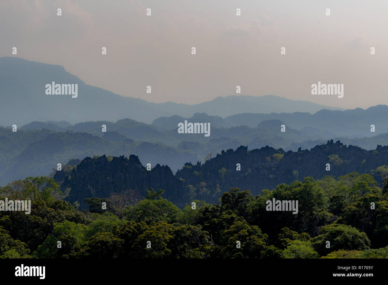 Thakhek, Laos - April 21 2018: Stunning limestone hills surrounded by ...