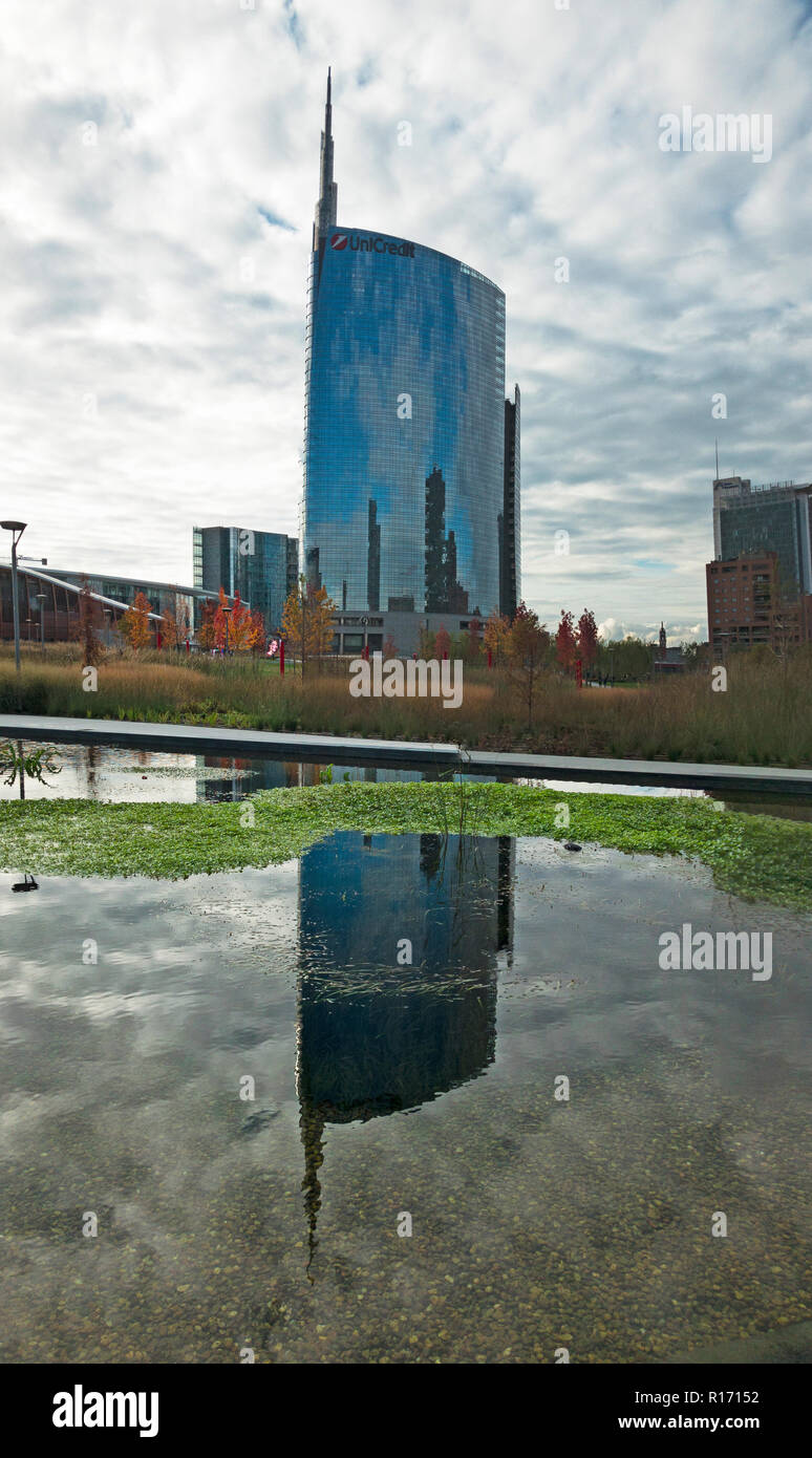 Library of trees, new Milan park. Unicredit tower. Paths of the park ...