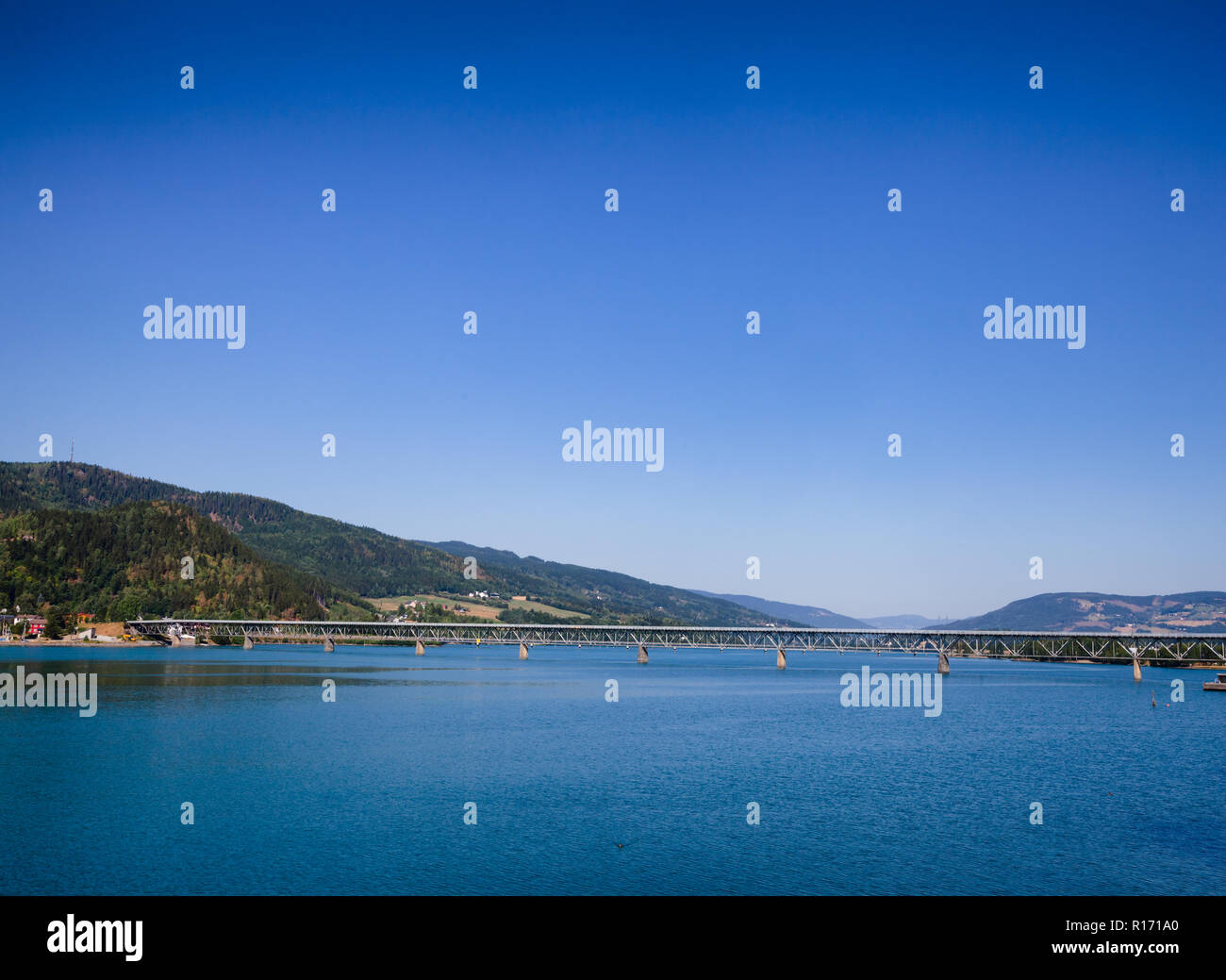 Vingnesbrua road bridge over the largest norwegian lake Mjosa ...