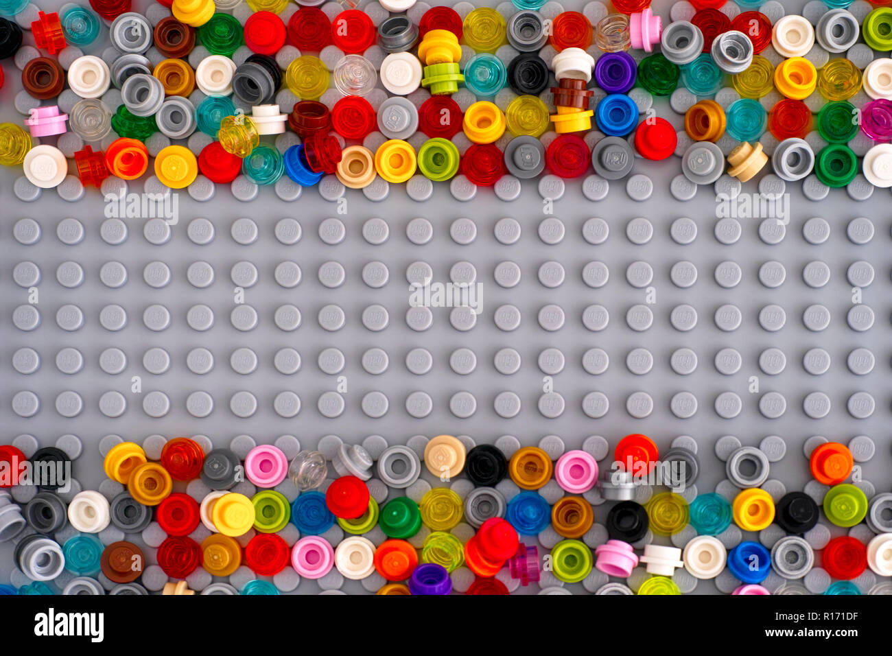 Tambov, Russian Federation - September 02, 2018 Lego gray baseplate ...