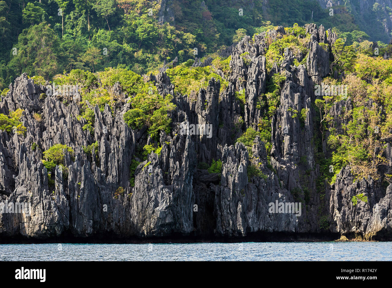 Huge limestone cliff coastline in Palawan with traditional Bangka boats ...
