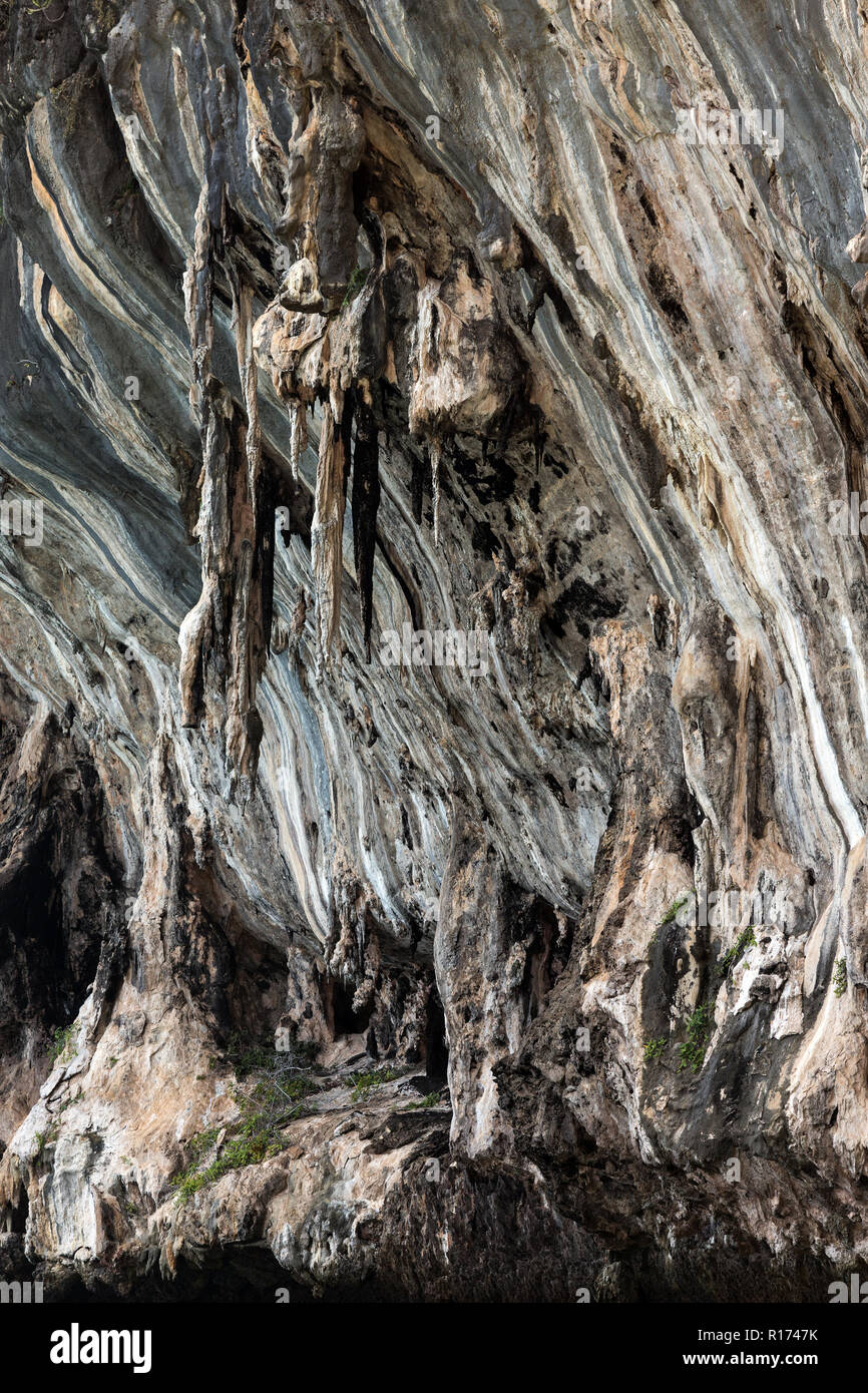 Limestone stalactite and stalagmite textures in a cliff of the Phang ...