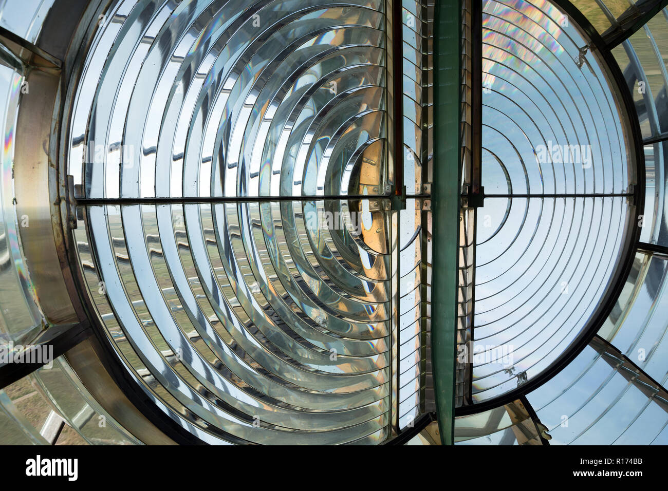 Huge Fresnel lens of the Creach lighthouse in Ushant island, the most ...