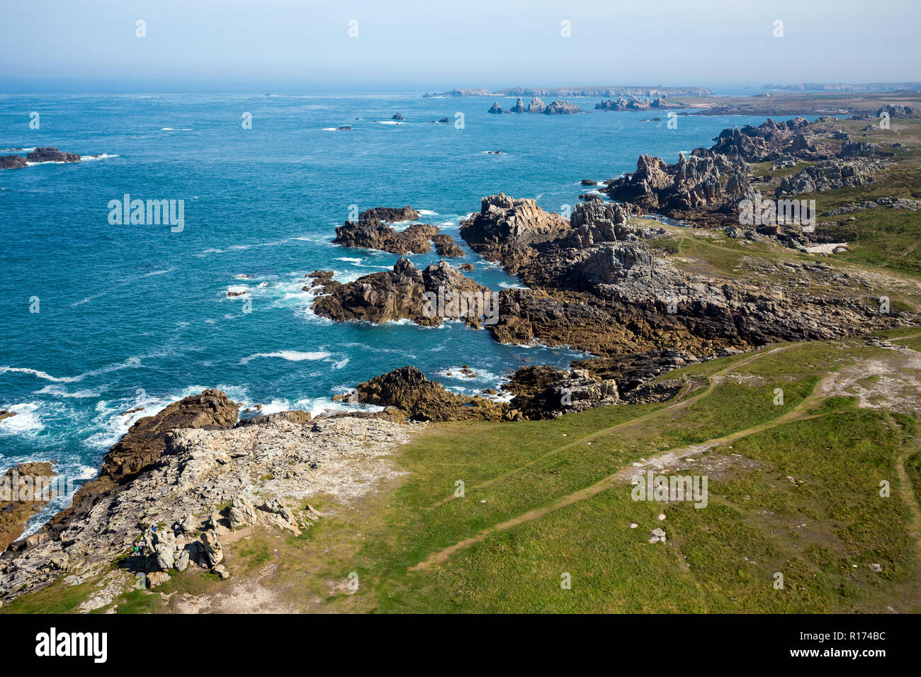 Aerial view of the Ushant island rocky coastline in Brittany, France ...