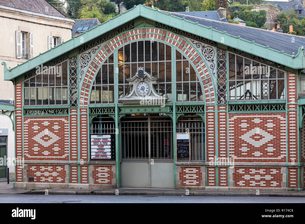 Traditional French covered market in the Quimperle city, Brittany ...