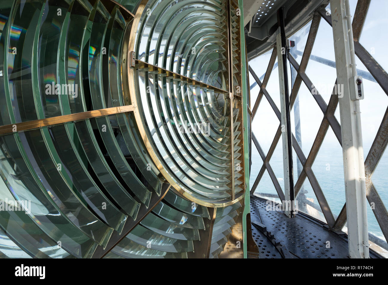 Huge Fresnel lens of the Creach lighthouse in Ushant island, the most ...