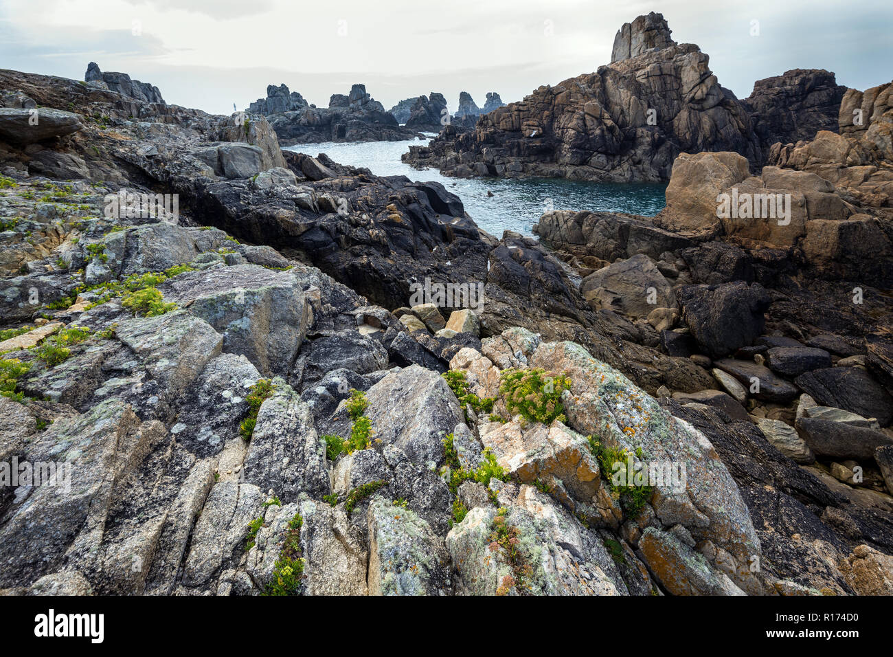 Sharp rocky coastline in the Ushant island (aka Ouessant), Brittany ...