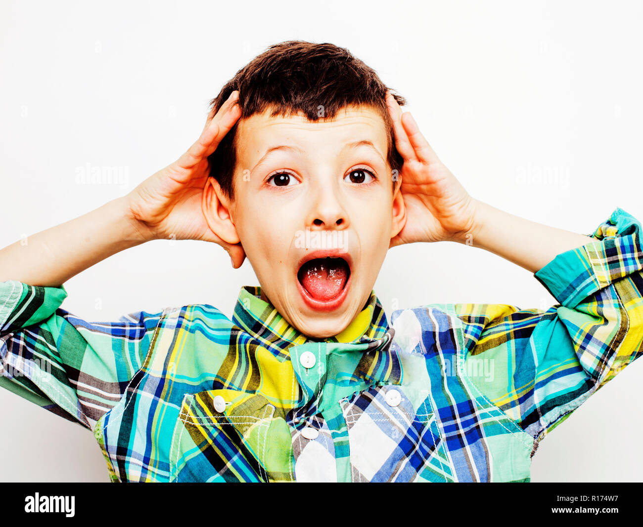 little cute boy wondering gesture isolated on white background Stock ...