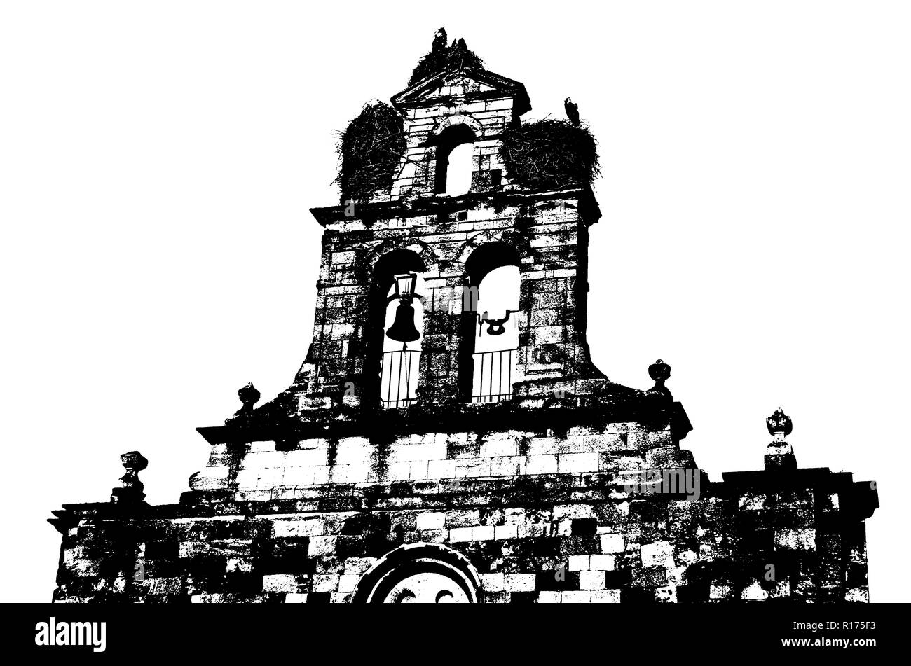 Black and white silhouette of an old church in Zamora, Spain Stock ...