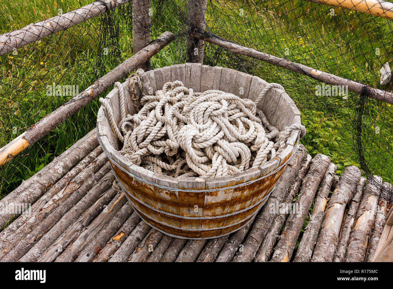 CAPE RANDOM, NEWFOUNDLAND, CANADA - Rope in barrel, Random Passage ...