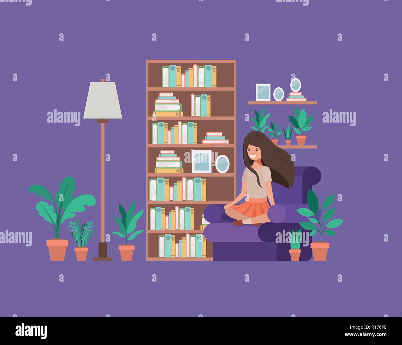student girl sitting reading book in livingroom Stock Vector Image ...