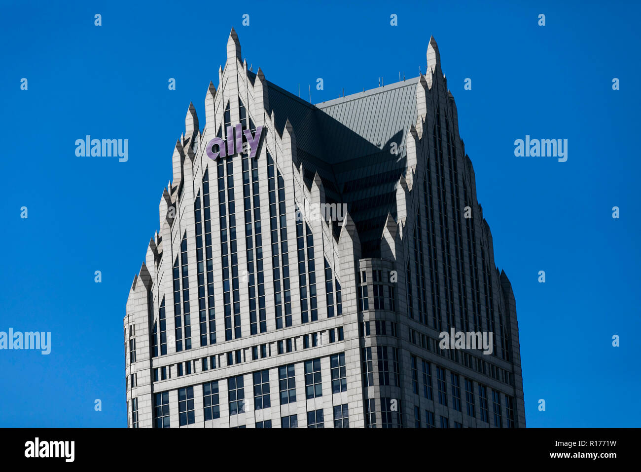 A logo sign outside of the Ally Detroit Center, the headquarters of ...