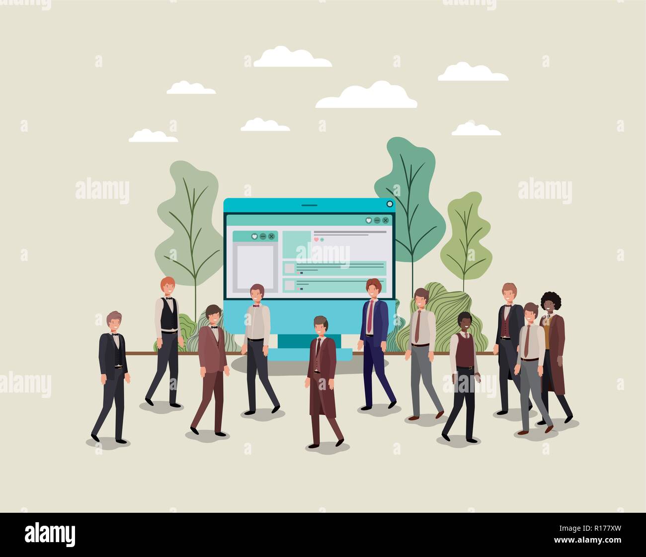 Workers at desktop computer screen Stock Vector Images - Alamy