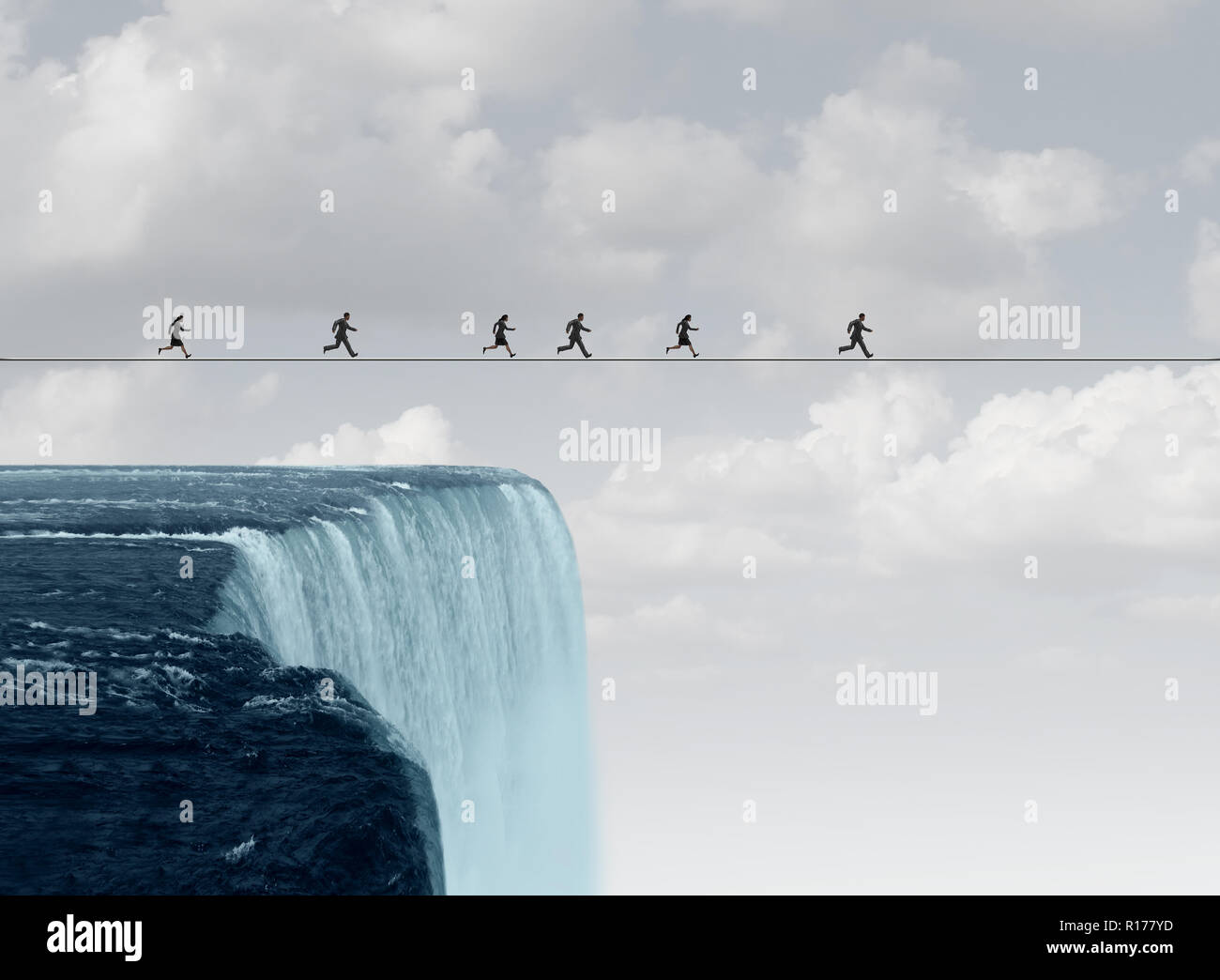 Business group risk on a tightrope or high wire over a waterfall in a ...