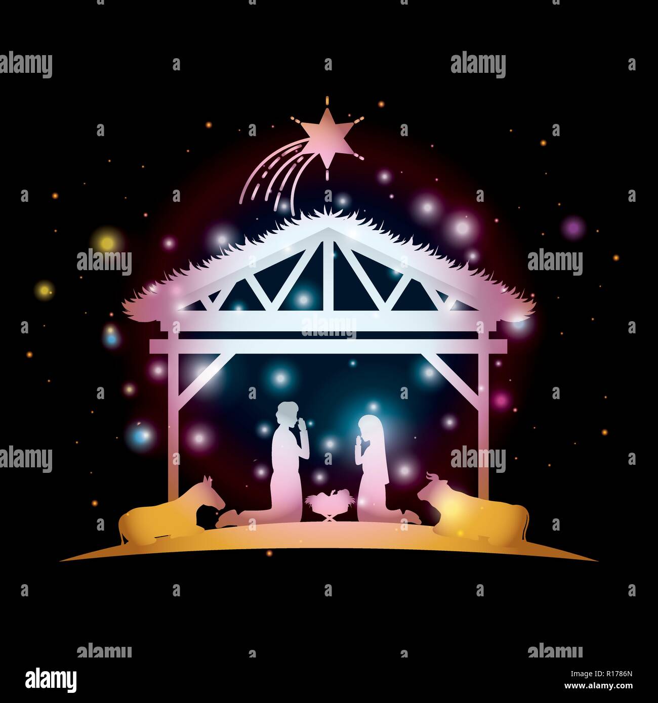 merry christmas card with holy family in stable Stock Vector Image ...
