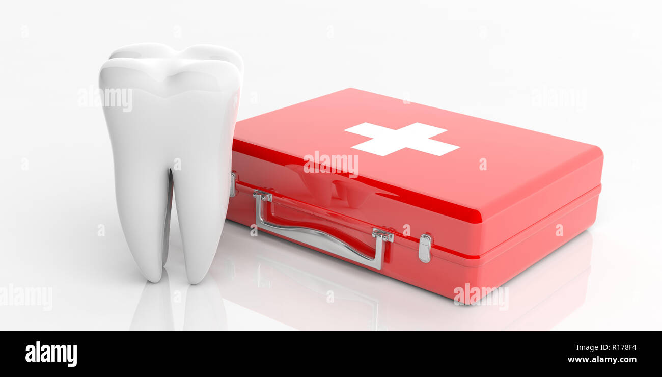 Teeth health, dentist concept. First aid kit and a tooth model isolated ...