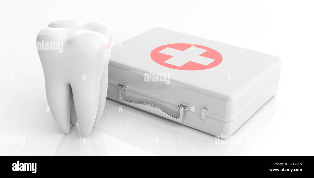 Teeth health, dentist concept. First aid kit and a tooth model isolated ...