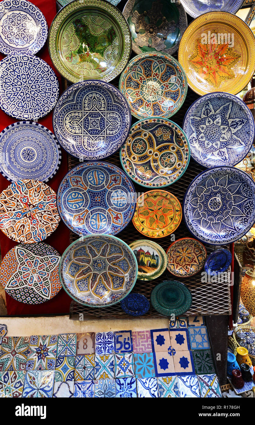 Moroccan ceramic plates on display in the old city of Fez, Morocco ...