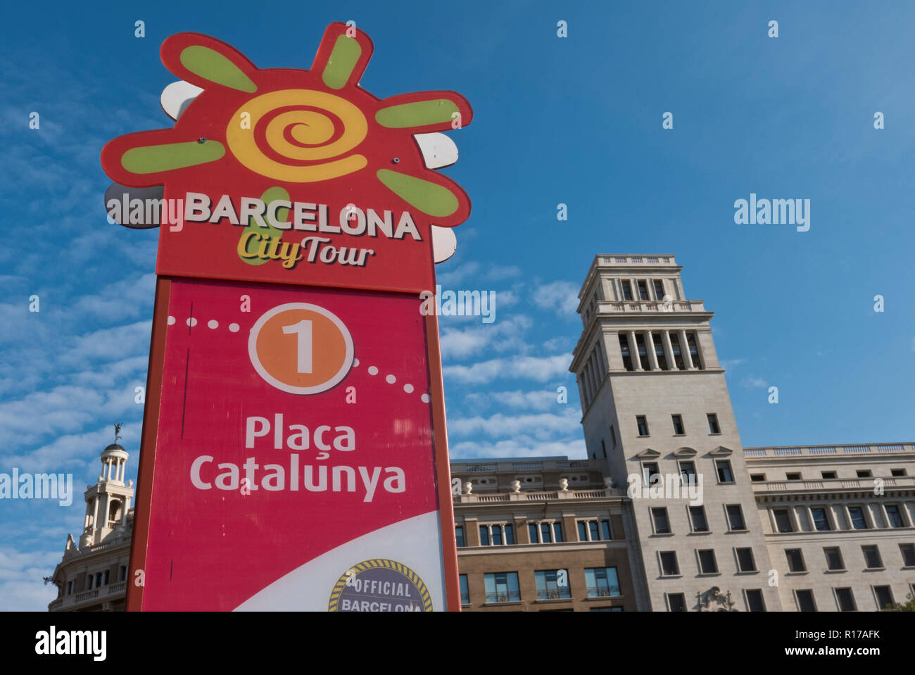 A bus signpost for the Barcelona City Tour in Placa Catalunya ...