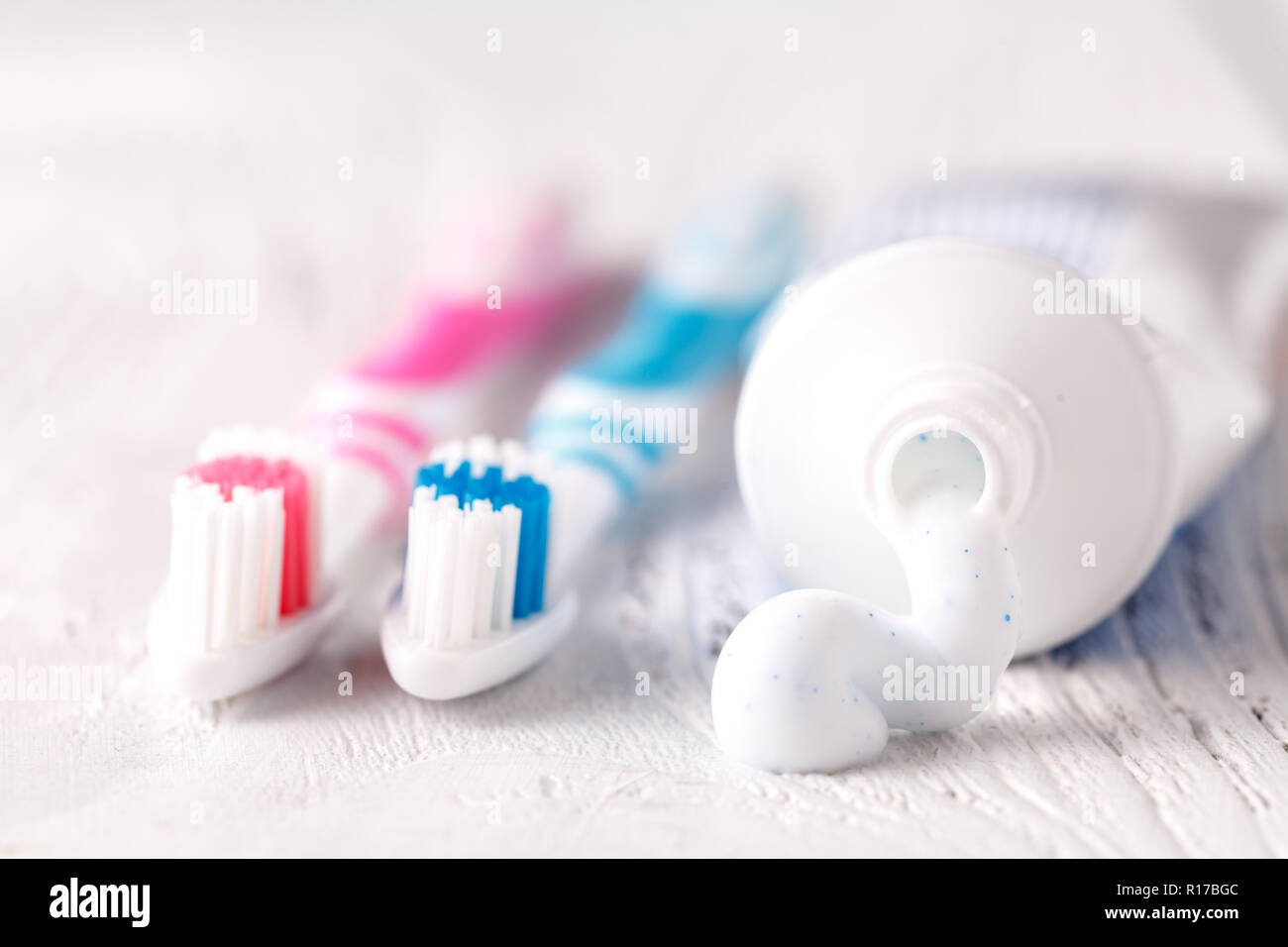 toothbrush on the table with toothpaste and toothpaste tube Stock Photo ...