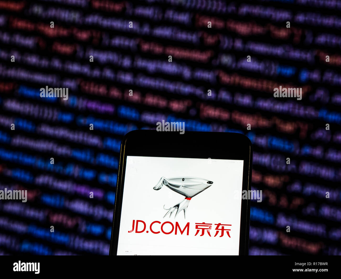 JD.com Company logo seen displayed on smart phone. JD.com, Inc., also ...