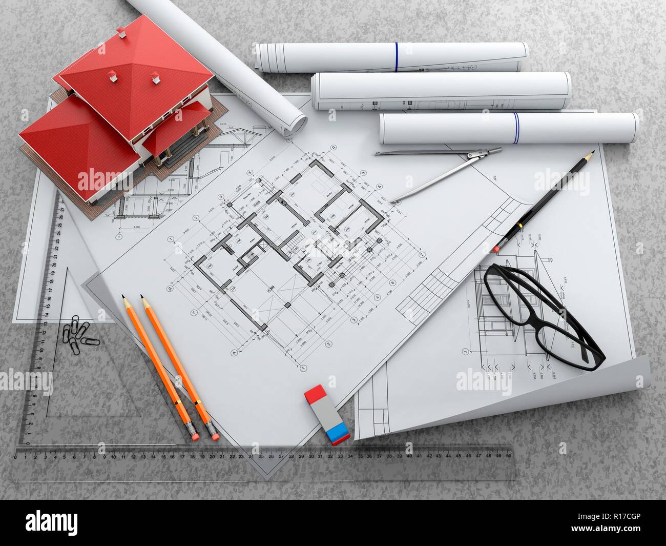 Workplace of architect. Scale model of house and architectural ...