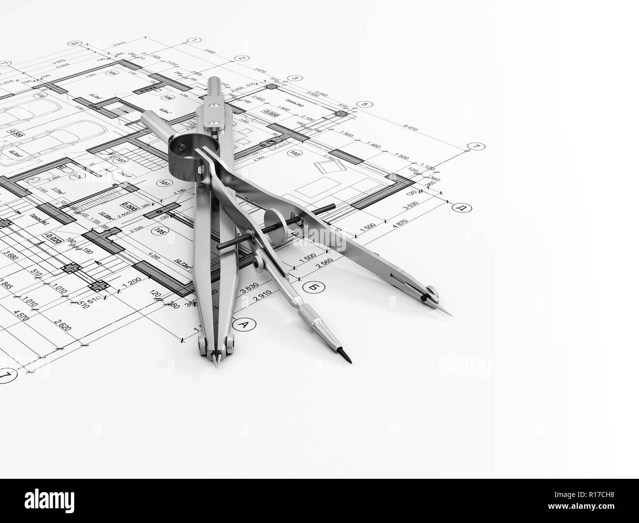 Engineering or architectural concept. Close-up of divider and compass ...