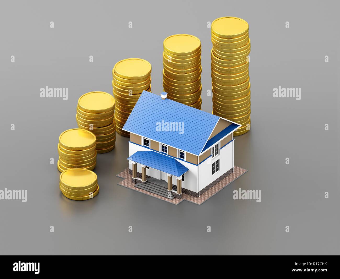 Scale model house and stacks of coins on grey background. 3D ...