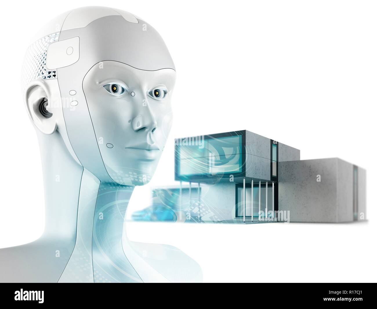 Concept of smart home with modern house and robot head on foreground ...