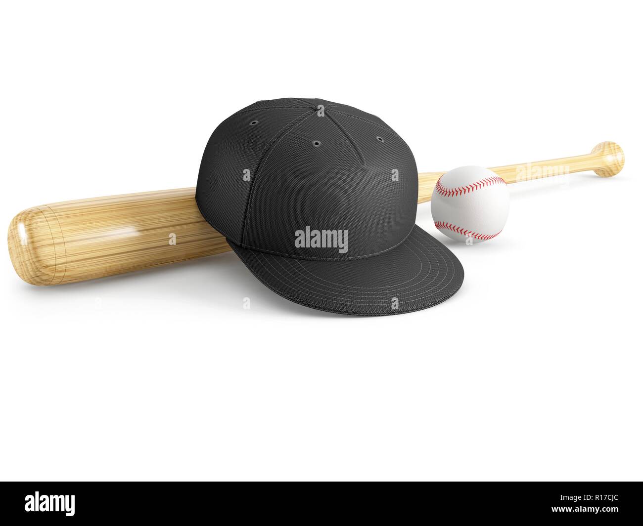 Baseball equipment, empty cap, bat, and ball isolated on a white ...