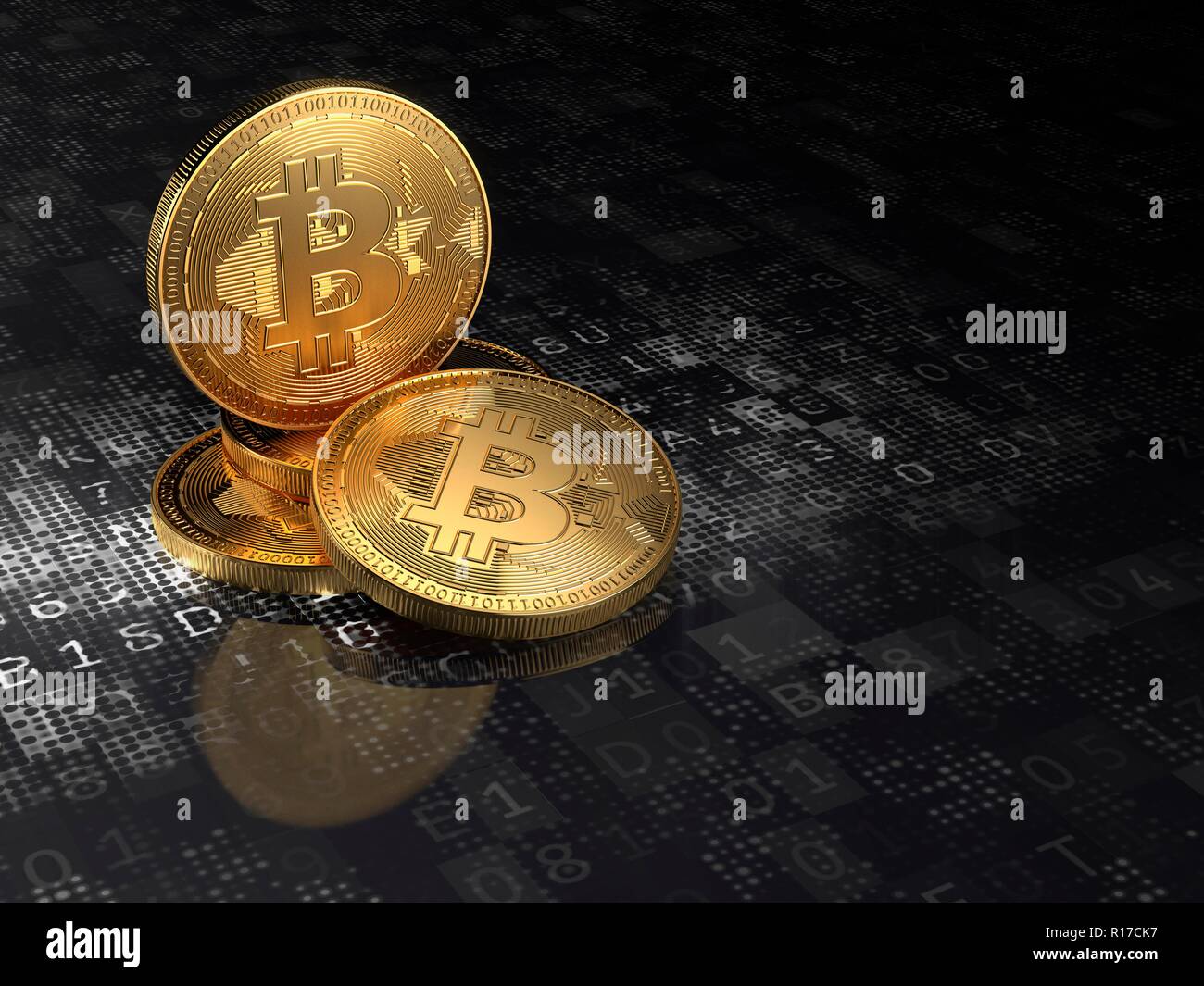 Golden bitcoin coin on black digital background with cryptography data ...