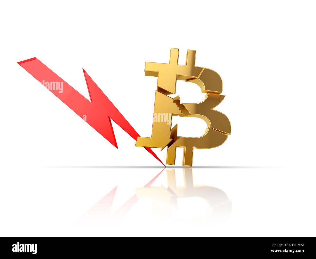 Broken bitcoin symbol with red arrow symbolise fall of cryptocurrency ...