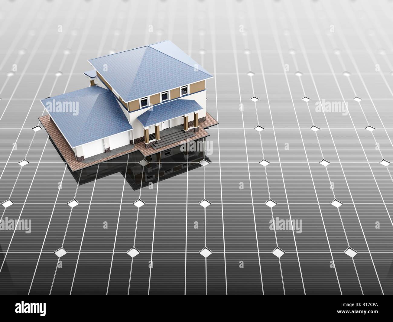 A scale model of the house stands on the solar panels. 3D illustration ...