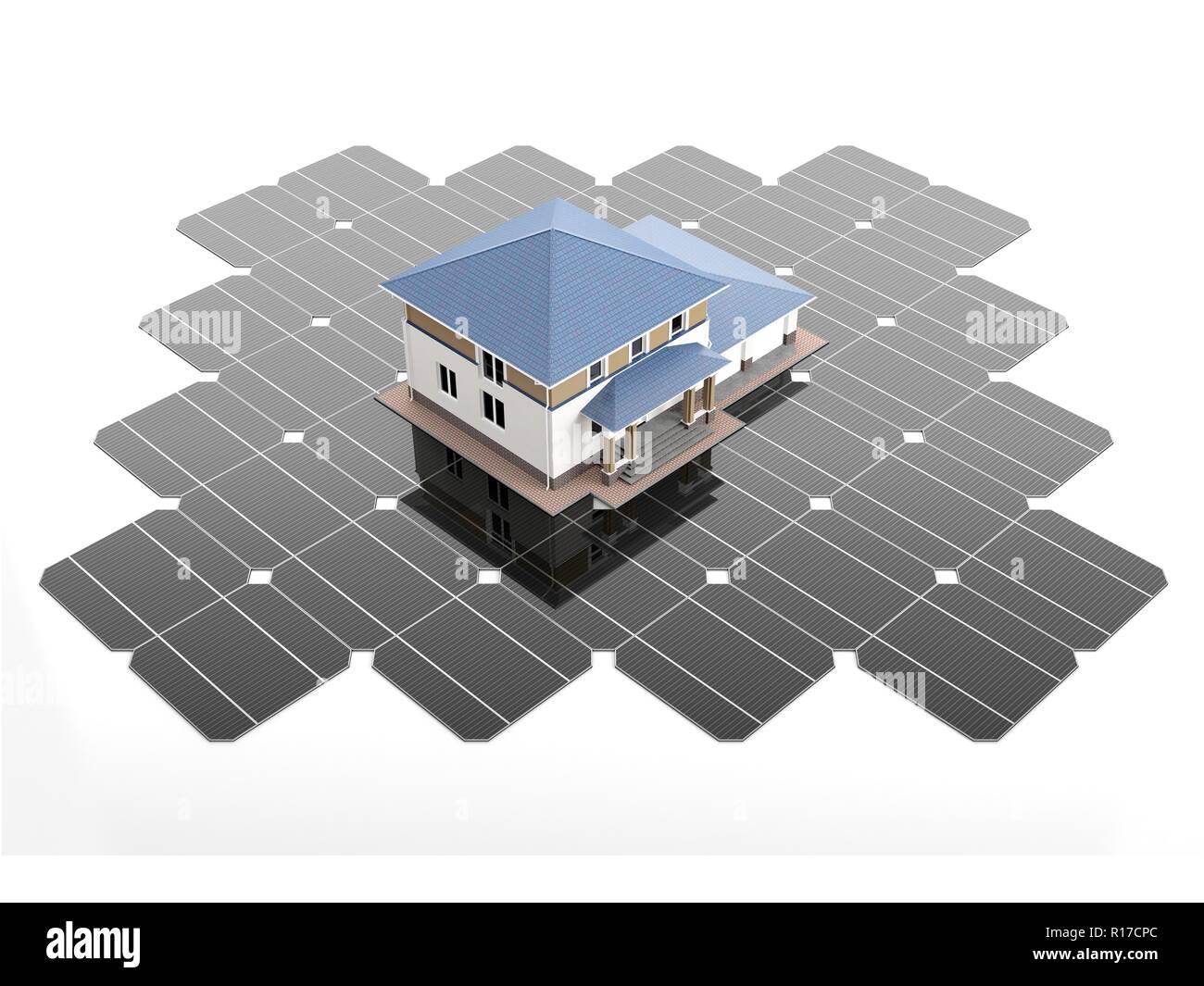 A scale model of the modern house stands on the solar panels. 3D ...