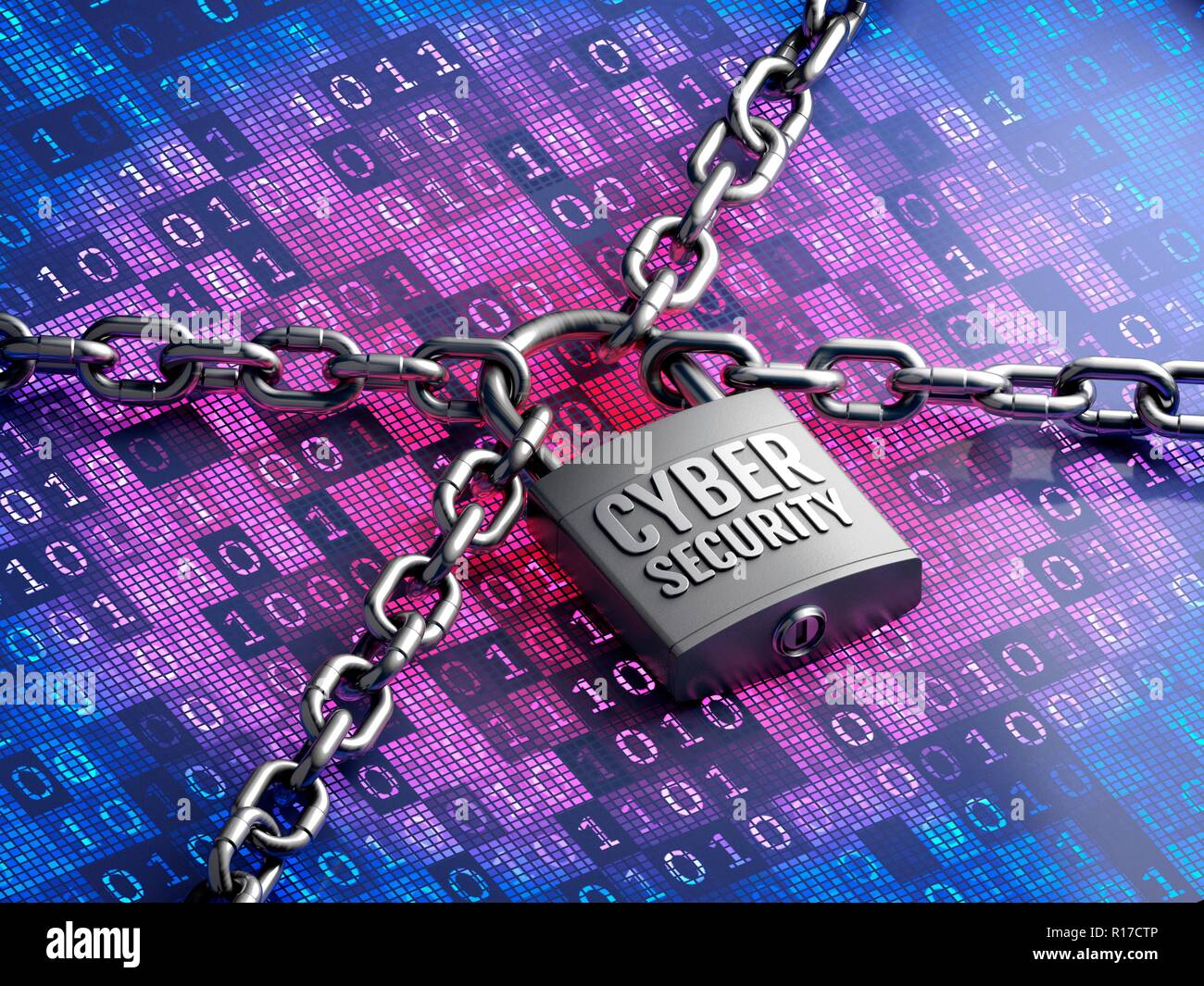 Cyber security concept. Closed padlock with chains on digital blue red ...
