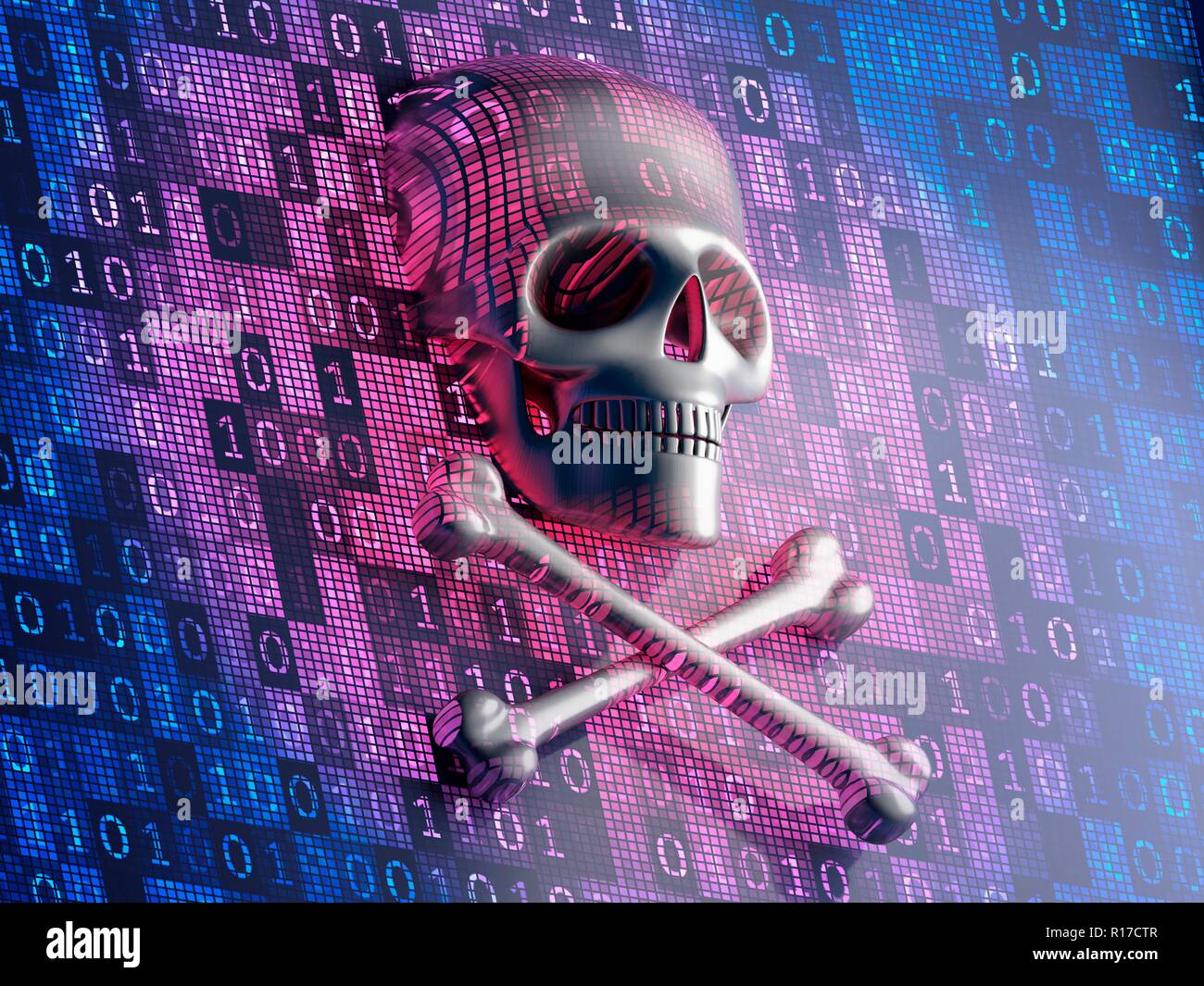 Digital security concept. Human scull and cross bones on a virtual ...
