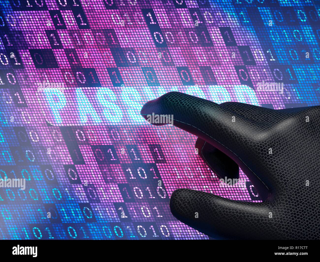 Cyber crime concept. The hand of the hacker on digital screen, enters ...