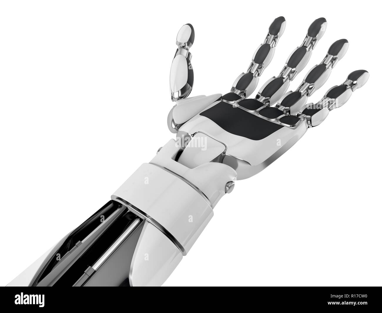 Robotic hand keeping empty palm, isolated on white background. 3d ...