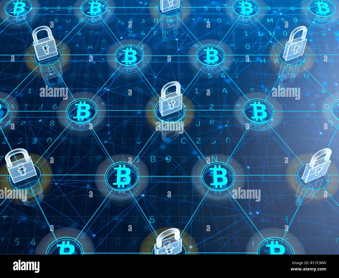 Blockchain technology concept. Holograms symbol of bitcoin and padlock ...