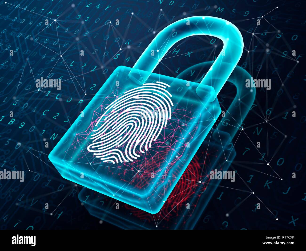 Fingerprint and padlock on digital screen, symbolise unlock process. 3D ...