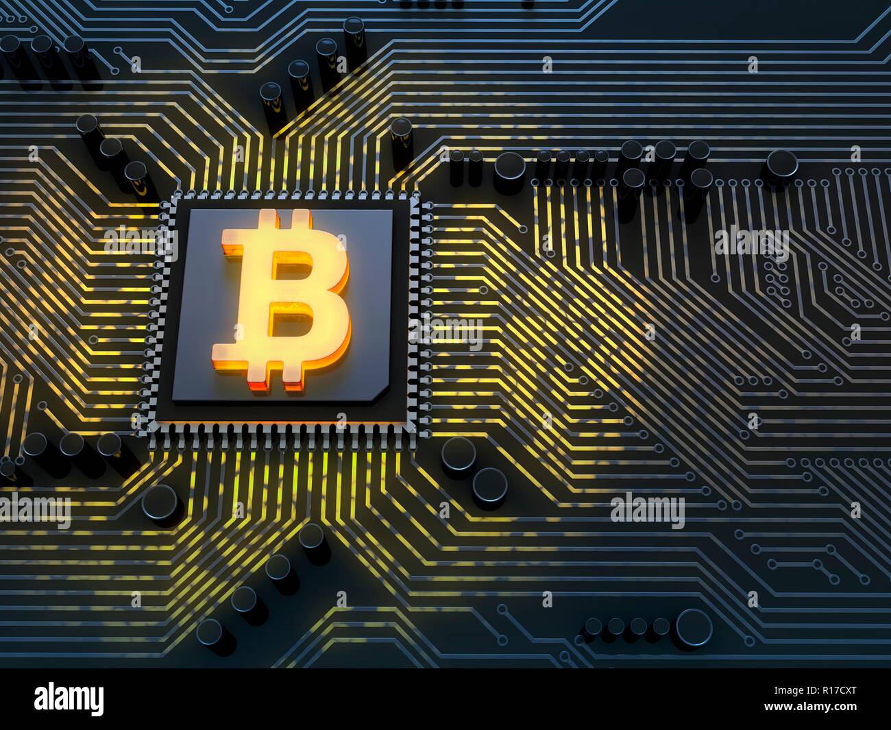 Cpu with a glowing bitcoin symbol on the top, installed into motherboard. 3D illustration Stock ...