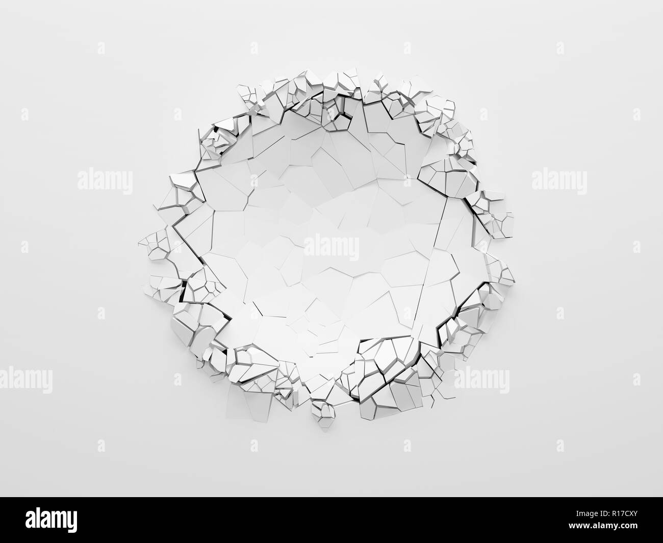 Round or spherical dent on the white wall, front view with copy space ...