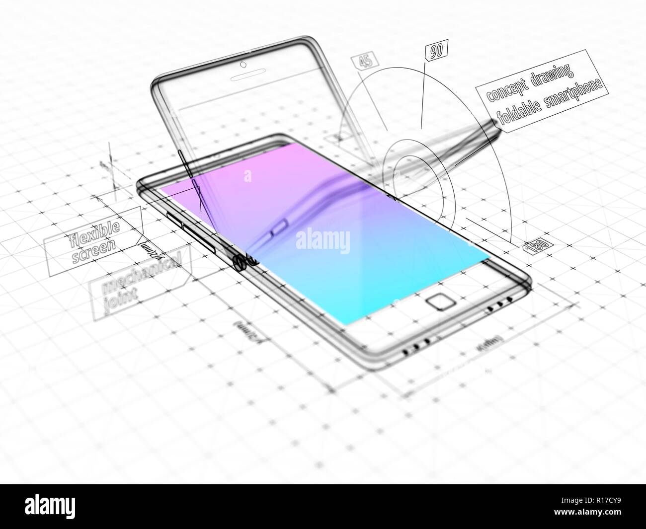 Abstract three-dimensional sketch of a foldable smartphone. Technical ...