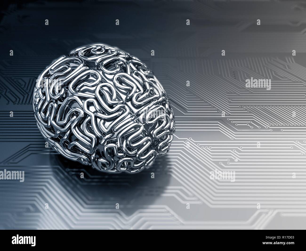 Metal brain on circuit board, quantum technologies. 3d illustration ...