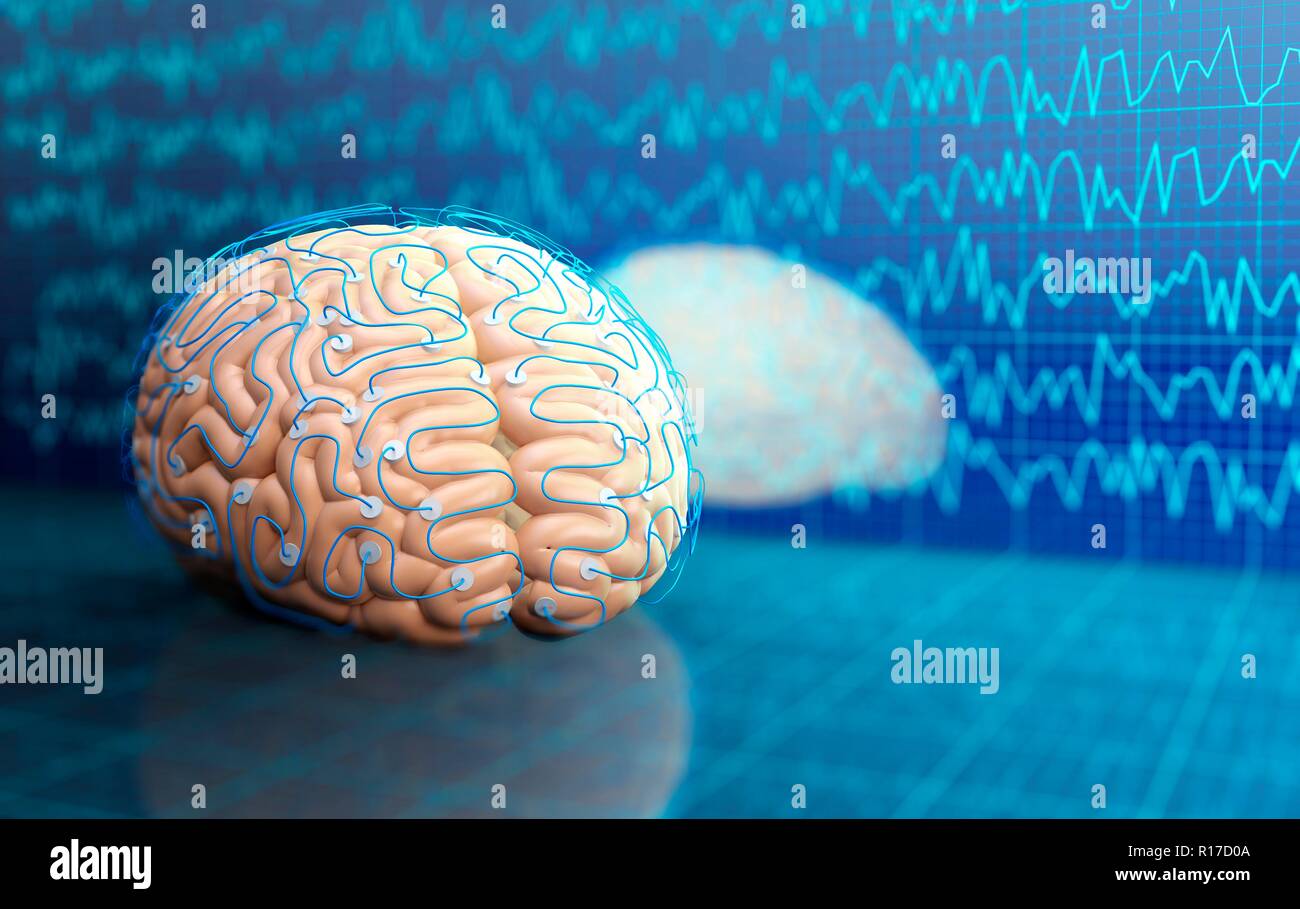 Human brain on encephalography background. 3D illustration Stock Photo ...
