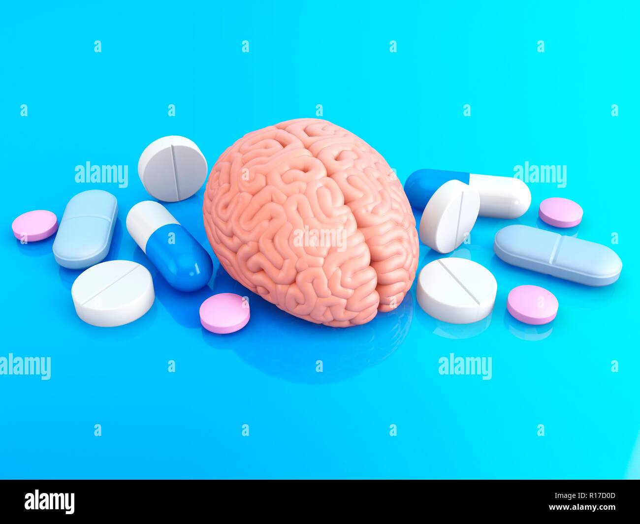Model of human brain and pills to improve memory. 3D illustration Stock ...