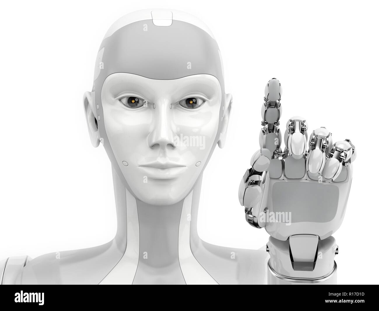Robot hand points to something on white background. Empty template for ...